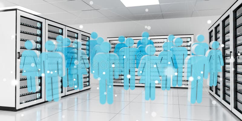 Group of People Icons Flying Over Server Room Data Center 3D Rendering ...