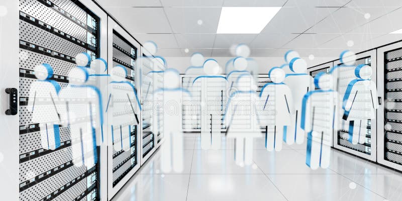 Group of People Icons Flying Over Server Room Data Center 3D Rendering ...