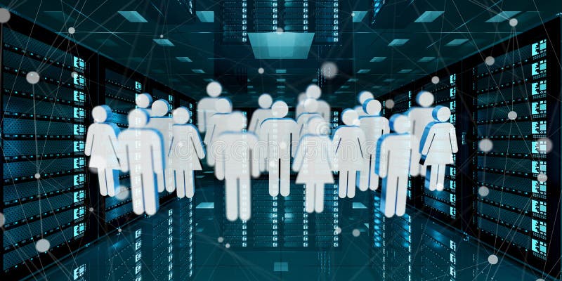 Group of People Icons Flying Over Server Room Data Center 3D Rendering ...