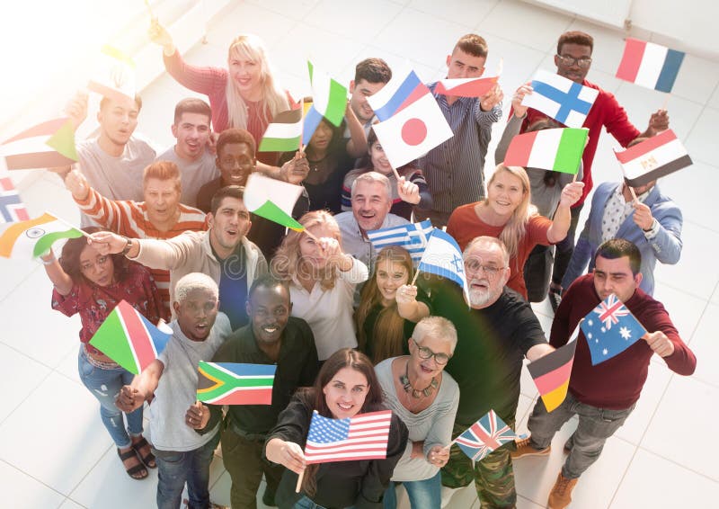 Group of People with International Flags Looking Up. Stock Image ...