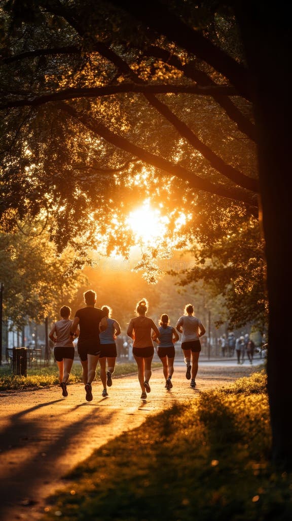 Group of People Jogging in Park at Sunrise with Sunlight Filtering ...