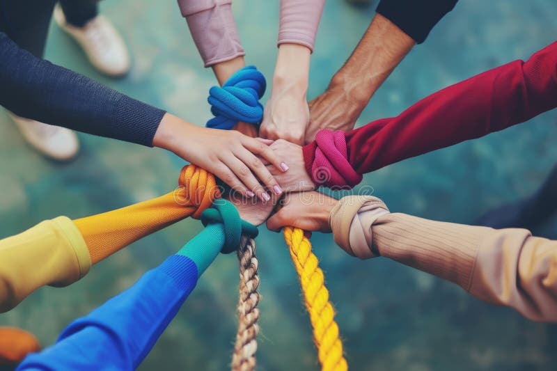 A Group of People Join Hands while Pulling on Brightly Colored Ropes, Signifying Collaboration ...