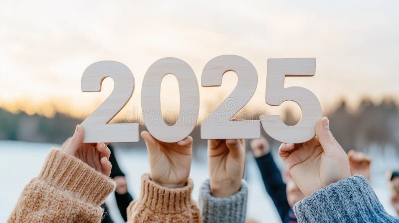Group of People Joyfully Holding Up Numbers 2025 at Sunset Stock ...
