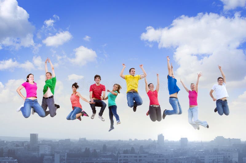 Jumping Young People Group on City Buildings Stock Image - Image of ...
