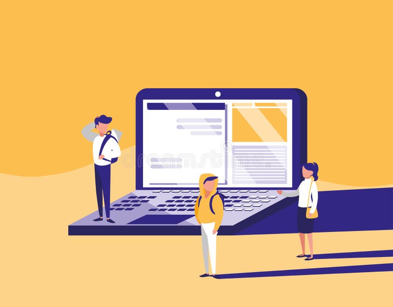 Group of People with Laptop Computer in Landscape Stock Vector ...