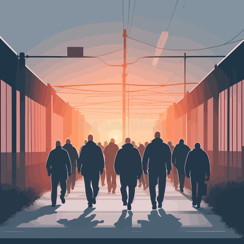 Group of People Leaving a Prison Stock Illustration - Illustration of ...