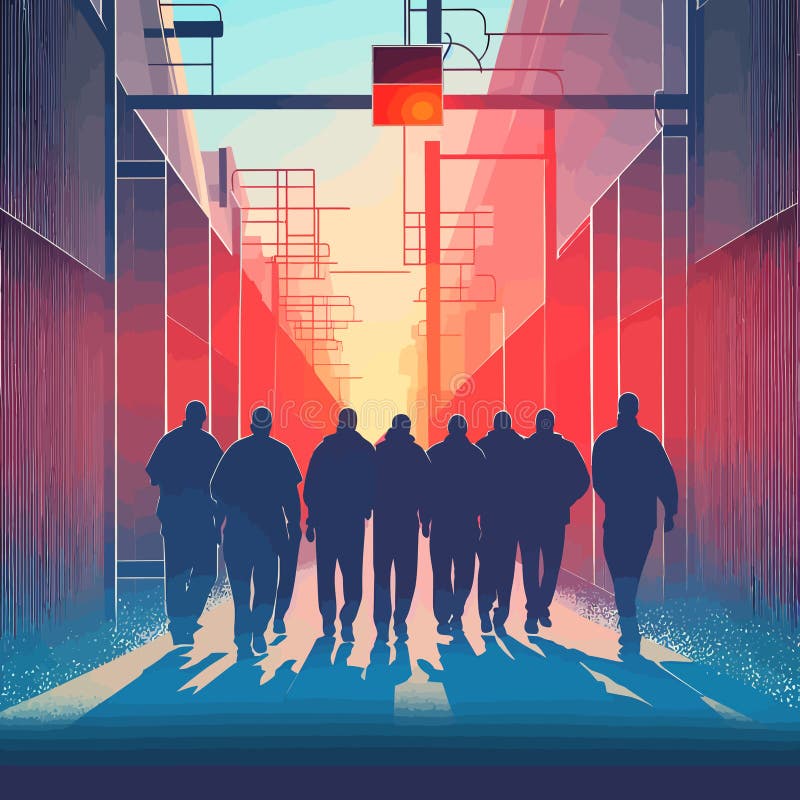 Group of People Leaving a Prison Stock Illustration - Illustration of ...