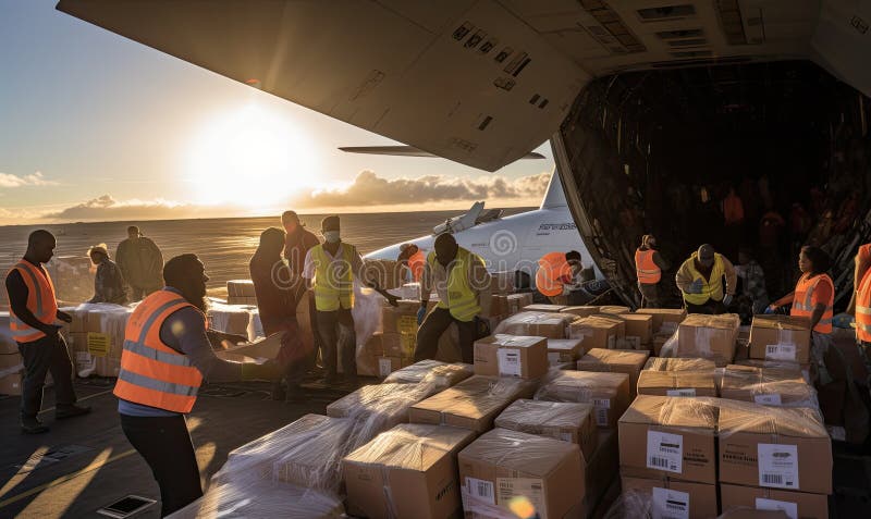 A Group of People Loading Boxes Onto a Plane Stock Illustration ...