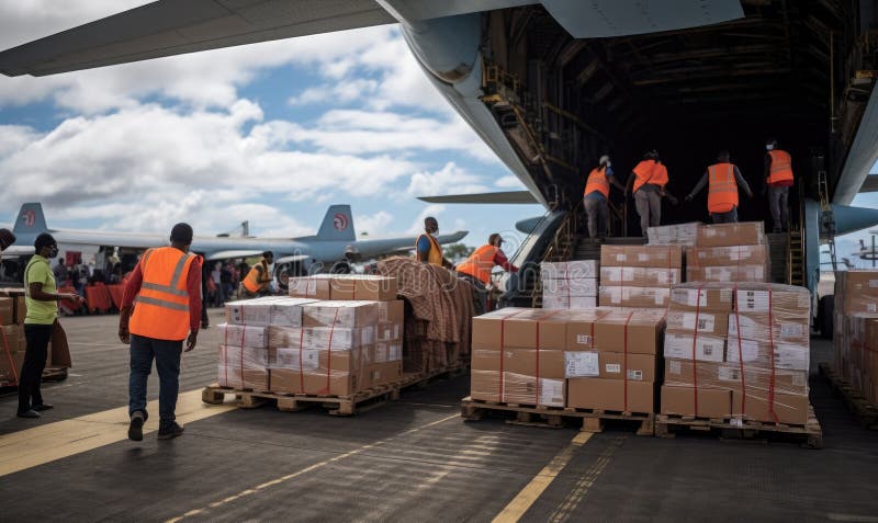 A Group of People Loading Boxes Onto a Plane Stock Illustration ...