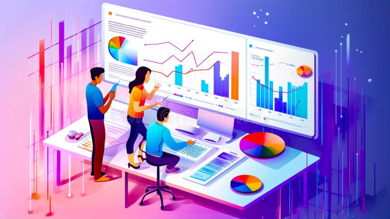 Group of People Looking at Computer Screen with Graphs and Pies on it ...