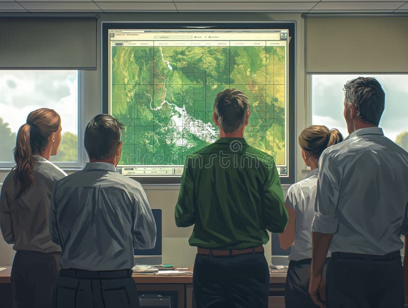 A Group of People are Looking at a Computer Screen with a Map on it ...