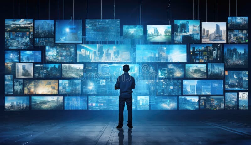 Group of People Looking at Hologram Screen. System Engineering. Data ...