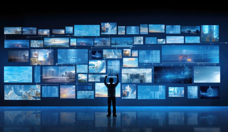 Group of People Looking at Hologram Screen. System Engineering. Data ...