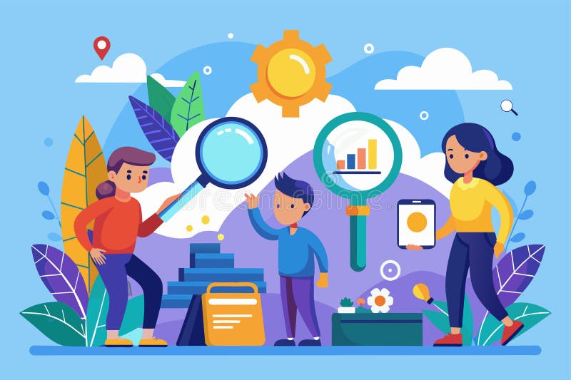 Group of People Looking through a Magnifying Glass, Curiosity Search ...