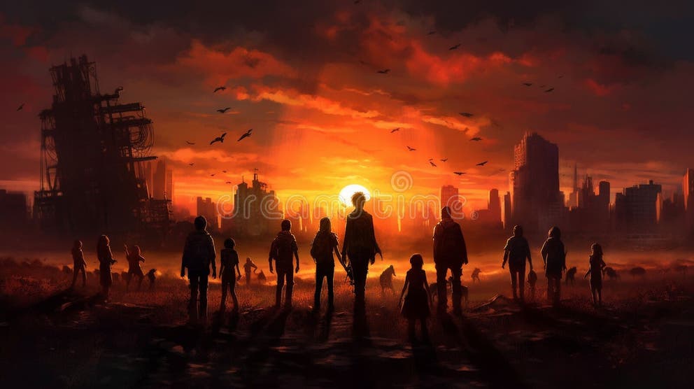 Group of People Looking at the Post-apocalyptic Cityscape at Sunset, AI ...