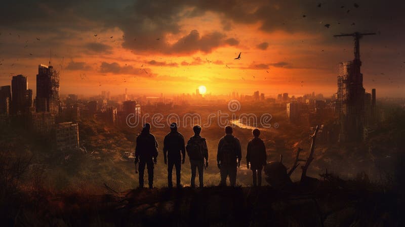 Group of People Looking at the Post-apocalyptic Cityscape at Sunset, AI ...