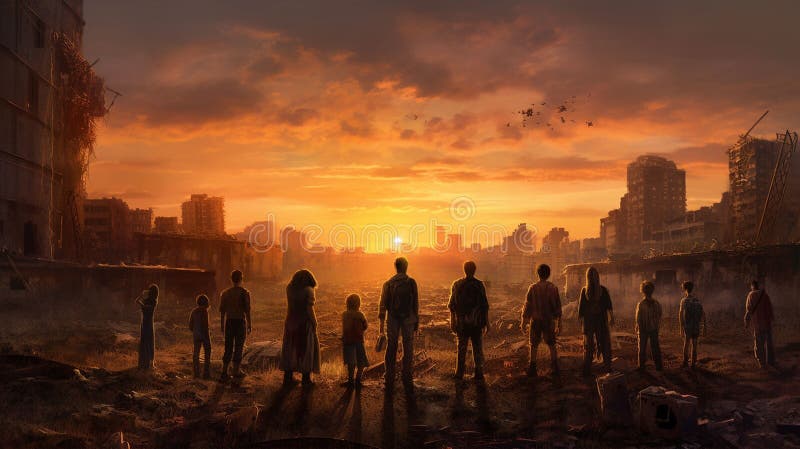 Group of People Looking at the Post-apocalyptic Cityscape at Sunset, AI ...