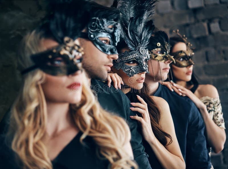 Group of People in Masquerade Carnival Mask Posing in Studio Stock ...