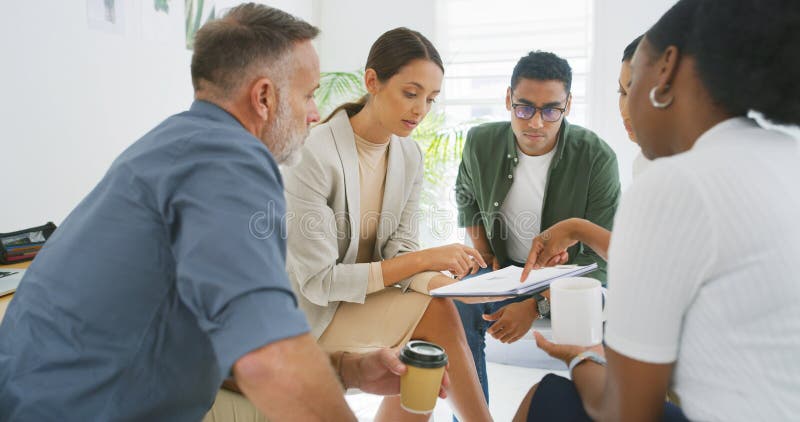 Group, People and Meeting with Document in Office for Discussion ...