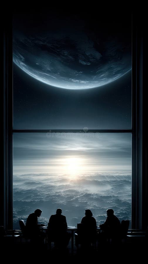 Group of People in Meeting Room with View of Earth from Space Stock ...