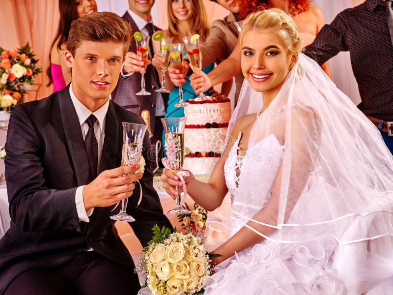 Group People Near Wedding Table Posing at Camera Stock Image - Image of ...
