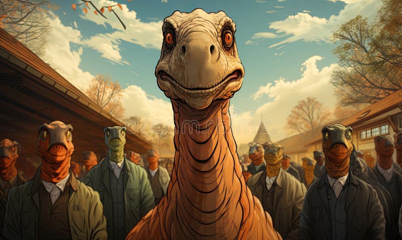 Group of People Observing Large Dinosaur Stock Image - Image of reptile ...