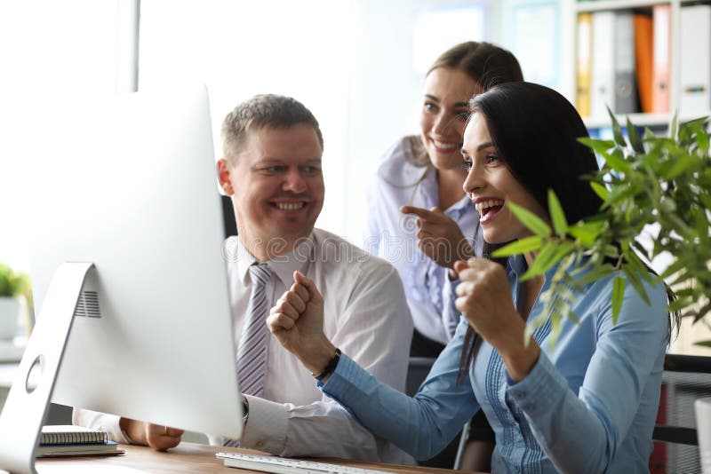 Group of People at Office Workplace Watching Show at Computer Display ...
