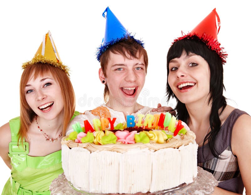 Group People in Party Hat with Happy Birthday Cake Stock Image - Image ...