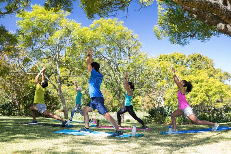 Group of People Performing Stretching Exercise in the Park Stock Photo ...