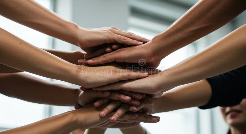 A Group of People Place Their Hands Together, Creating a Unified Stack ...