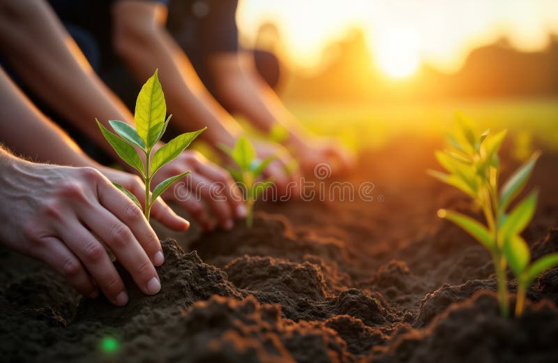 Group of People Plant Young Trees in Soil during Sunset. Teamwork ...