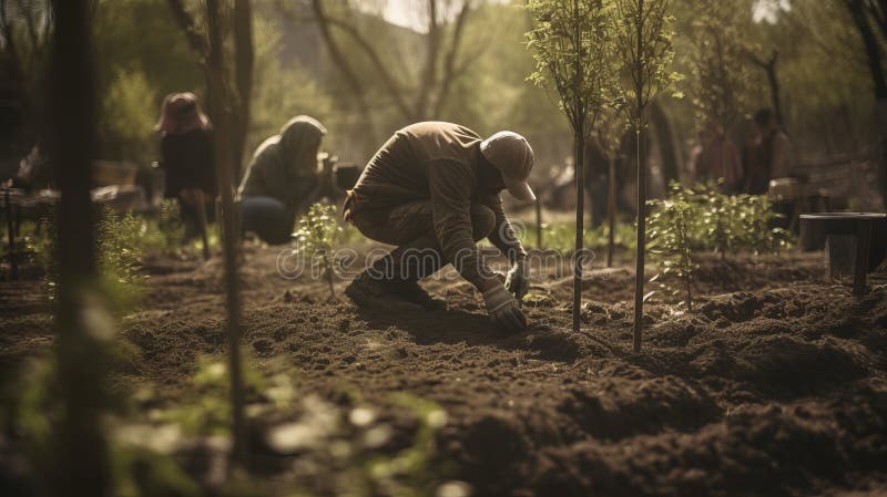 Group People Planting Seedlings in the Spring Garden. Selective Focus ...