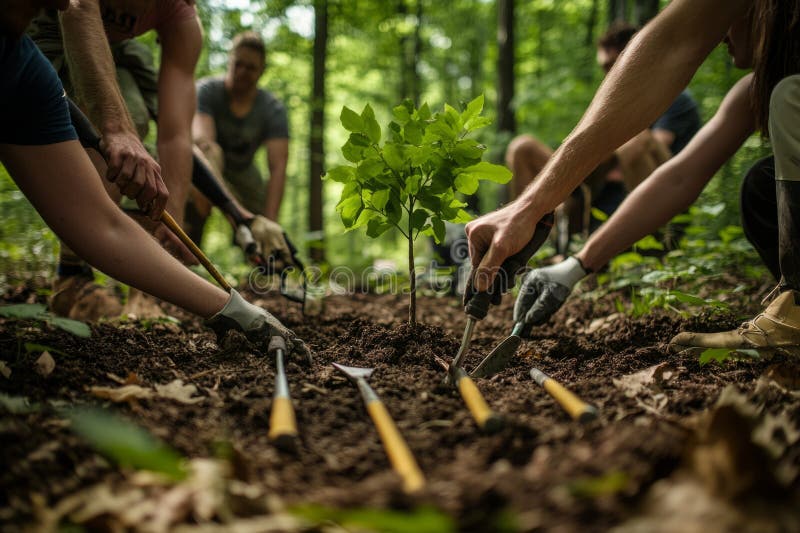 People Planting a Young Tree in a Lush Forest. this Activity Promotes ...