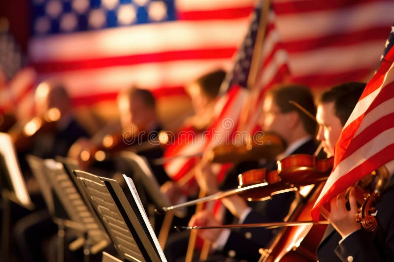 A Group of People Playing Instruments in Front of an American Flag ...