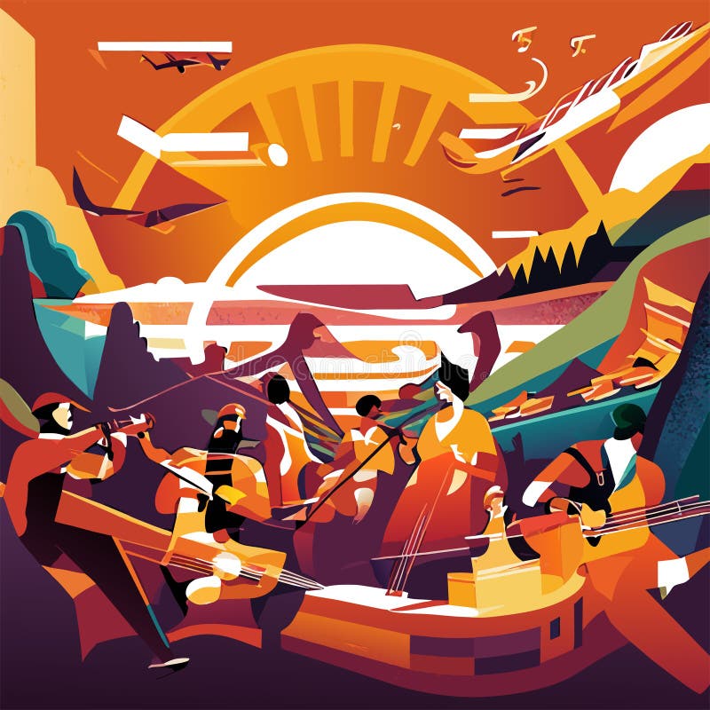 Group of People Playing Musical Instruments at Sunset, Flat Vector ...