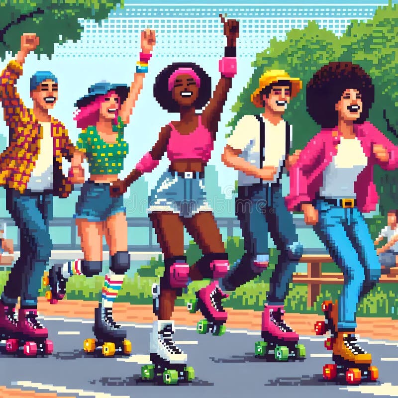 A Group of People are Playing Roller Skating, Pixel Art Stock ...