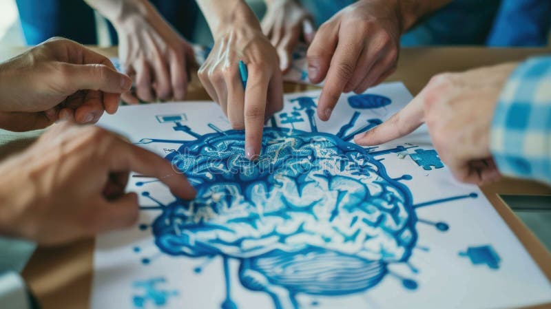 A Group of People Pointing at a Painted Brain on a Table AIG535 Stock ...
