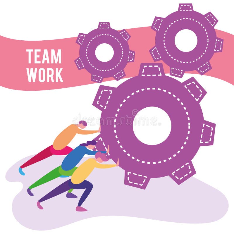 Group of People Pushing Gear Pieces Teamwork Concept Vector Stock ...