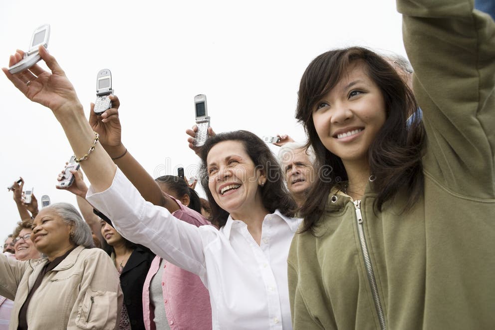 Group of People Raising Mobile Together Stock Image - Image of portable ...