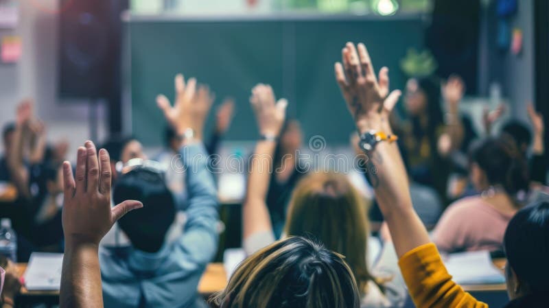 A Group of People are Raising Their Hands in a Classroom or Meeting ...