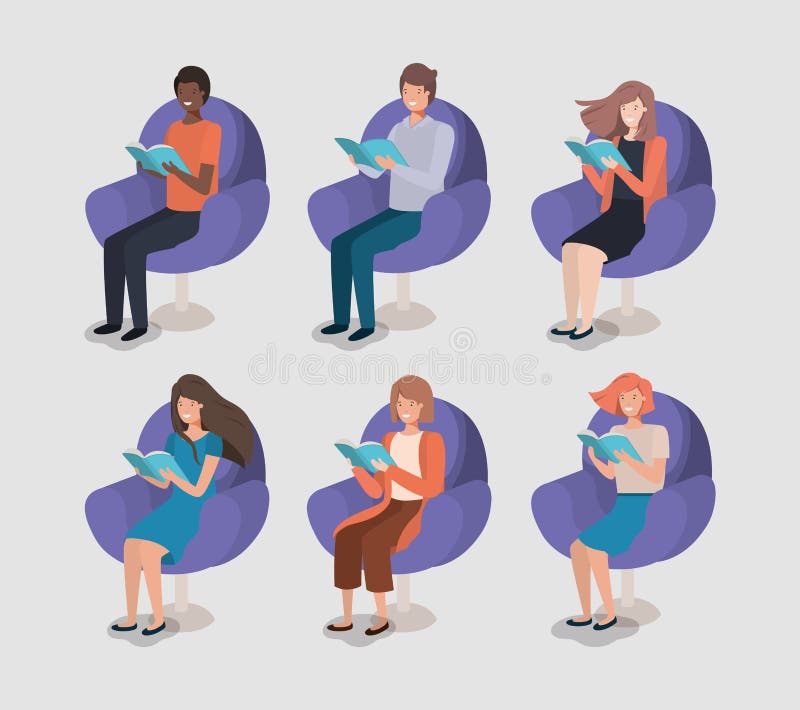 Group of People Reading Book in the Sofa Stock Vector - Illustration of ...