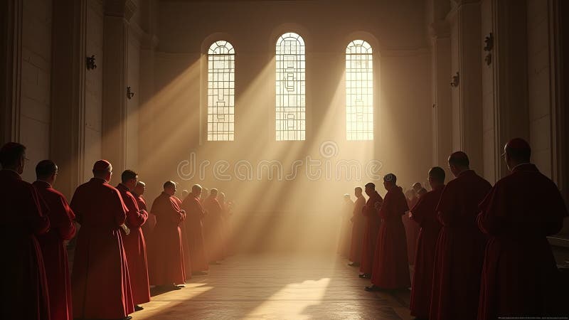 People in Red Robes in Rows, Sunlight through Windows Stock ...
