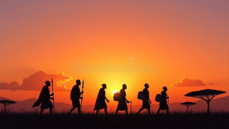 A Group of People Representing Human Evolution Walk Across a Vast ...