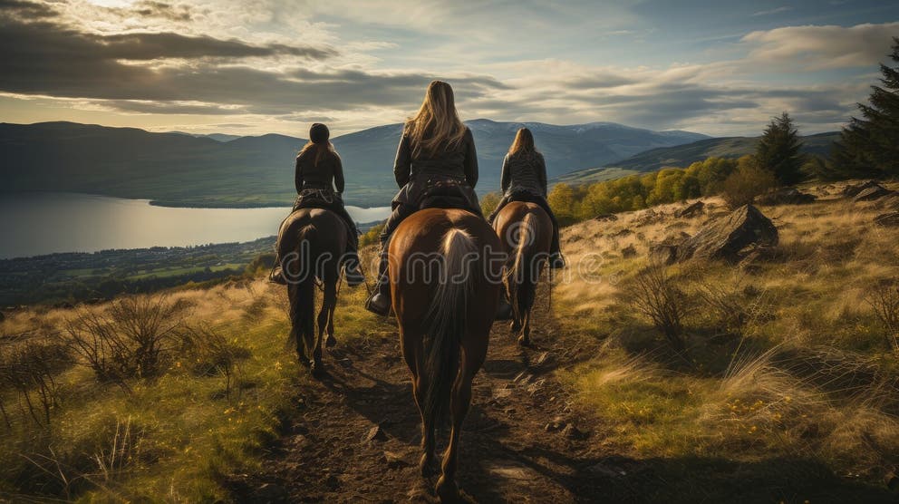 Group of People Riding a Horse Back View. Generative AI. Stock ...