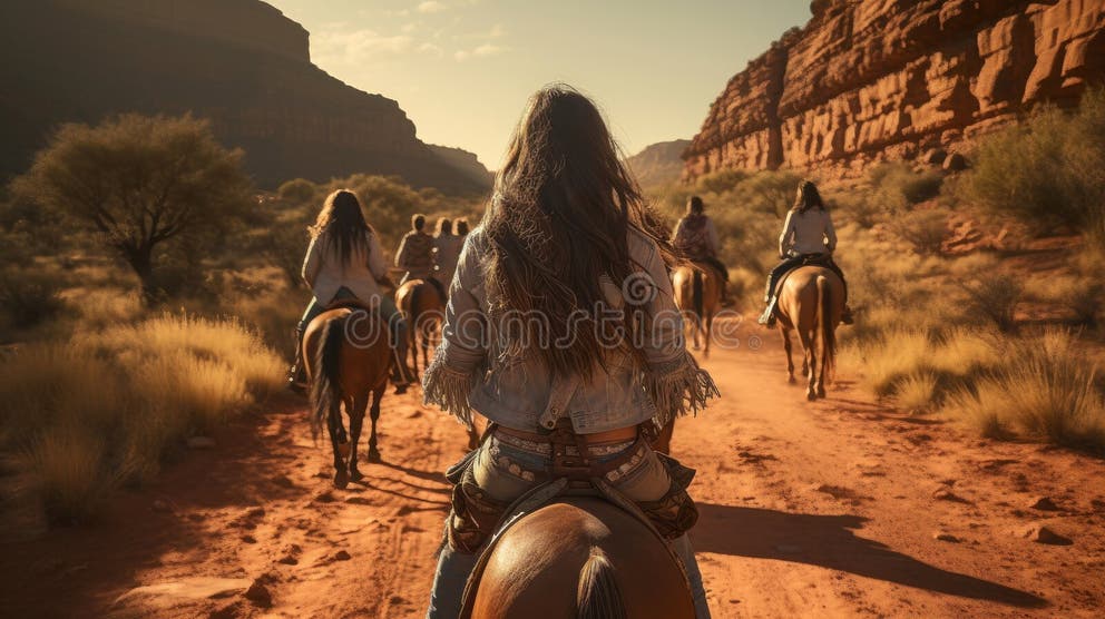 Group of People Riding a Horse Back View. Generative AI. Stock ...