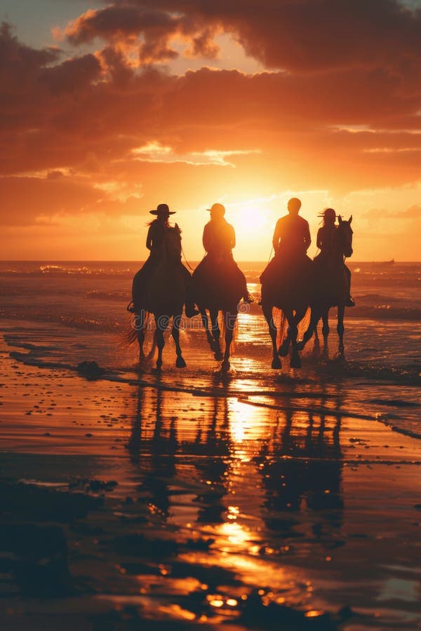 Group of People Riding Horses on a Sandy Beach, with Calm Waters and ...