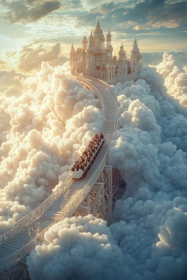 A Group of People are Riding a Roller Coaster through the Clouds Stock ...