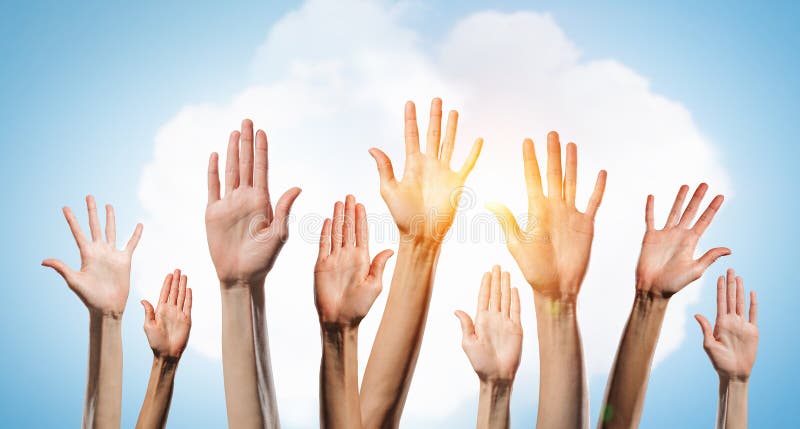 Group of People Rise Hands . Mixed Media Stock Image - Image of ...