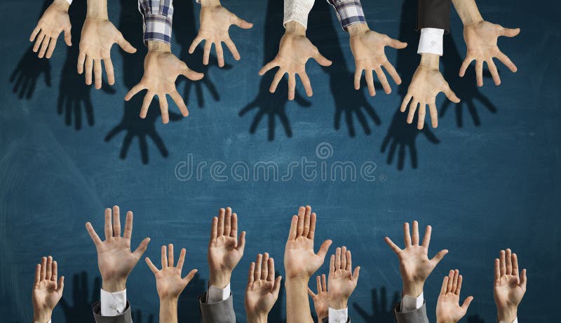 Group of People Rise Hands . Mixed Media Stock Image - Image of ...