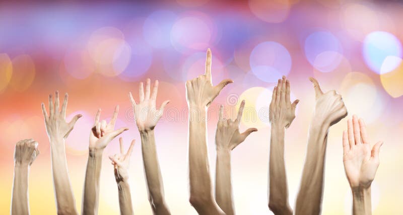 Group of People Rise Hands . Mixed Media Stock Image - Image of ...